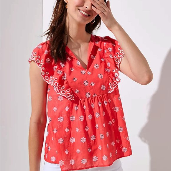 LOFT | Tops | Loft M Womens Red Eyelet Flutter Ruffle Blouse Top | Poshmark